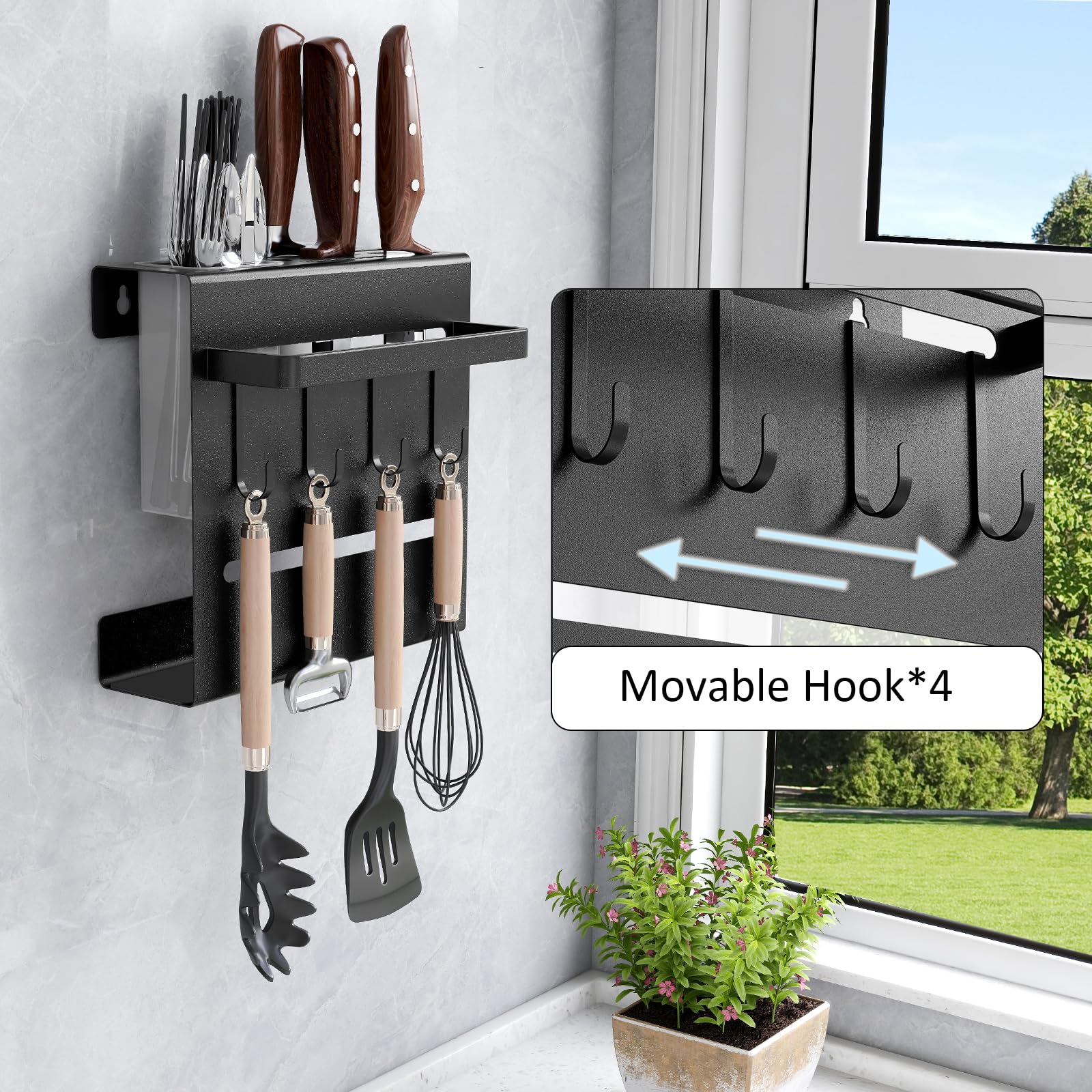 Gypie Knife Holder Without Knives, Multi-Functional Metal Knife Block, Adhesive Or Screw Wall Mount, Quick Draining Space-Saving Knife Storage Organizer for Kitchen (Black)