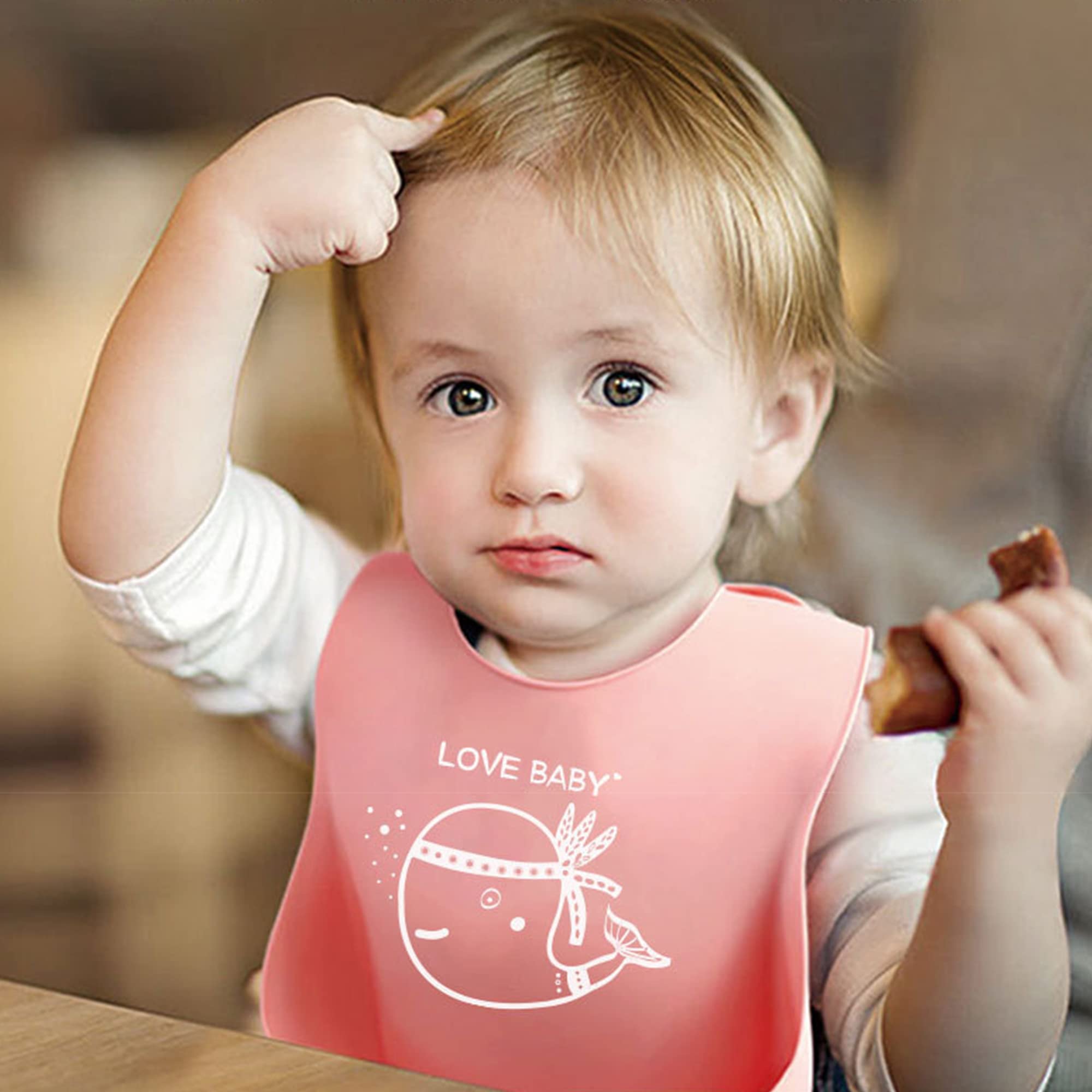 Eimmabey Silicone Bibs for Babies and Toddlers 2 Sets Feeding Bibs for Boy and Girl, Adjustable Soft Waterproof Bibs with Food Catcher Peach & Lemon