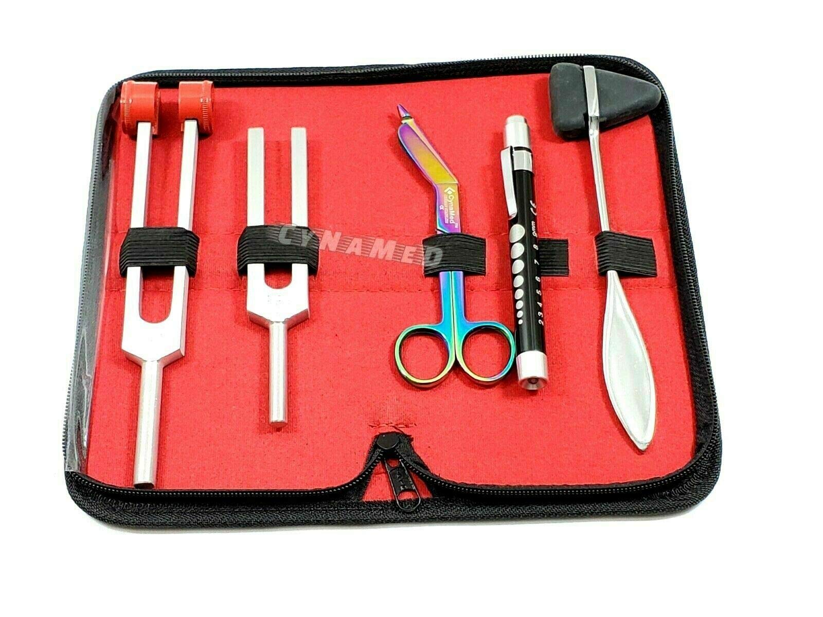 Premium Student Diagnostic Kit- Reflex Hammer & Tuning Fork Set C 128 And C 512 + Wartenberg Pinwheel Premium Steel Bandage Scissor 7.5” (Set Of 5 Rainbow Scissors Reusable Penlight)