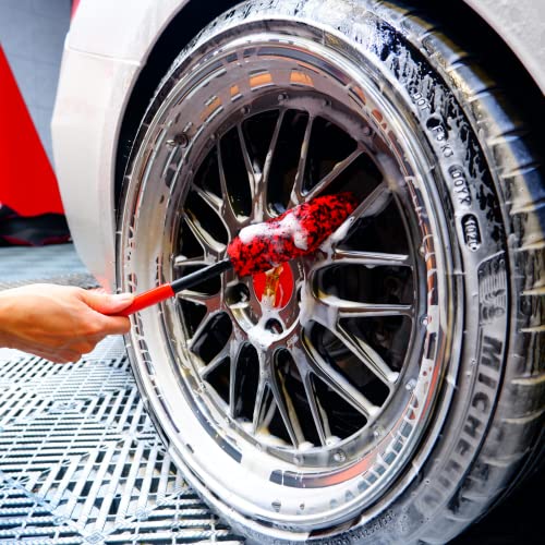 Professional 4 Pack Long Handle Wheel Brush Kit for Cleaning Wheel and Tire- 2X Soft Wheel Woolies Cleaning Brush, Detailing Brush and Stiff Tire Brush, Bendable& Durable Wheel Rim Cleaner Brush Set