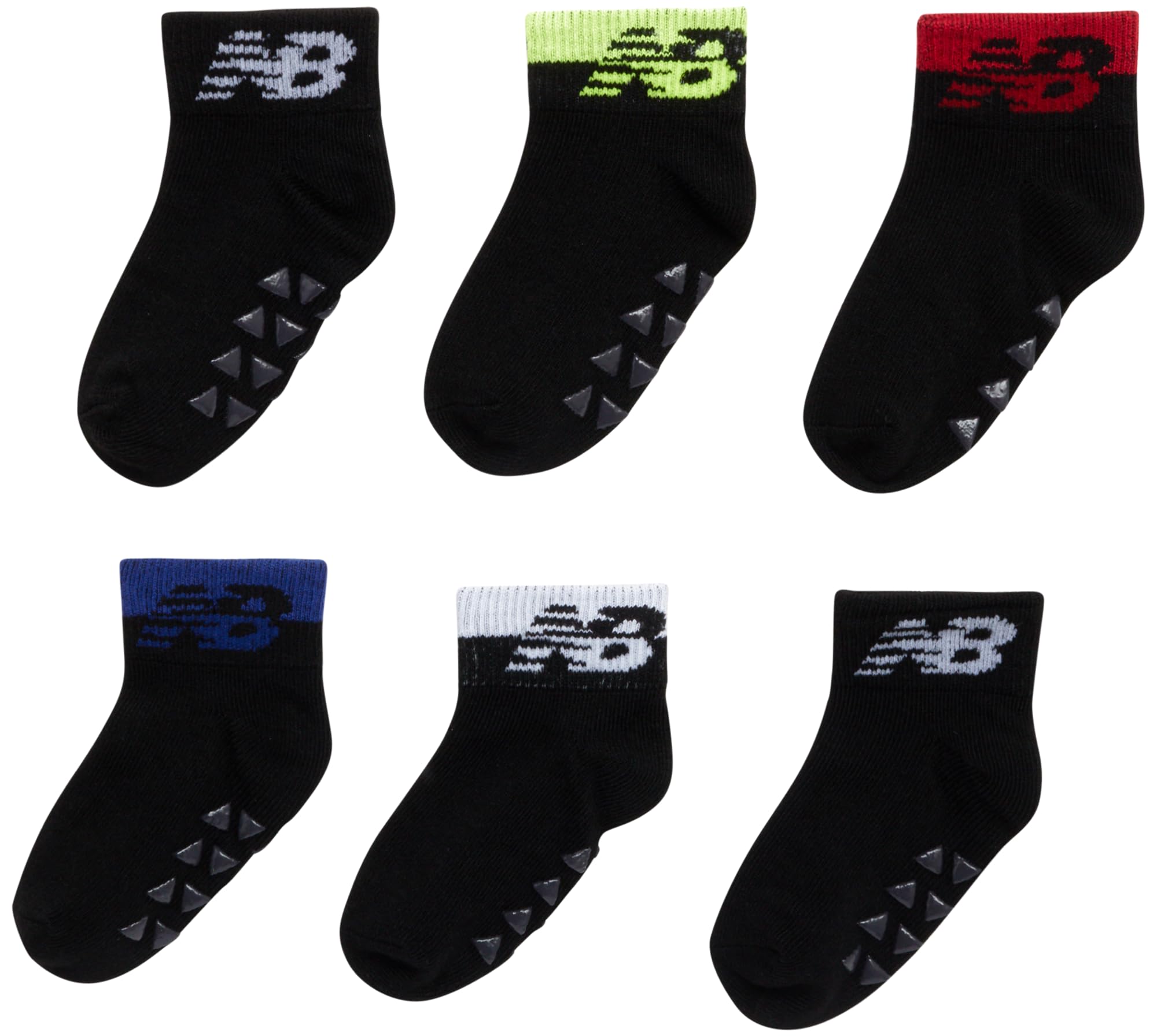 New Balance Baby Boys' Socks - 12 Pack Quarter Cut Non-Skid Gripper Socks (Infant/Toddler), Size 2-4T, Black Assorted Grip