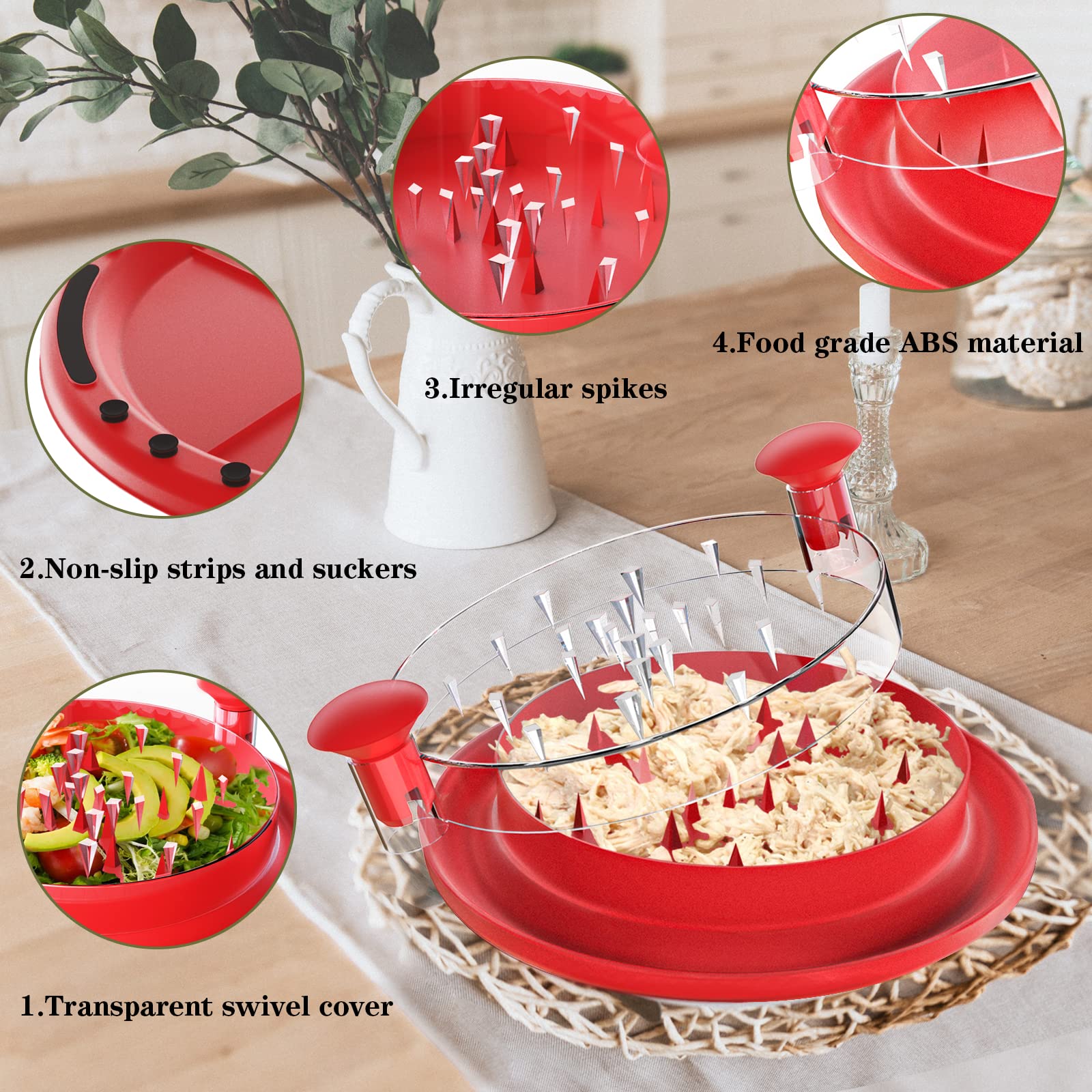 Chicken Shredder, 9.8" Visible Meat Shredder with Anti-slip Suction Cup and Brushes Heat Resistant Safe Chicken Shredder Tool Twist Chicken Shred Machine for Cooked Beef Chicken Vegetable Salad (Red)