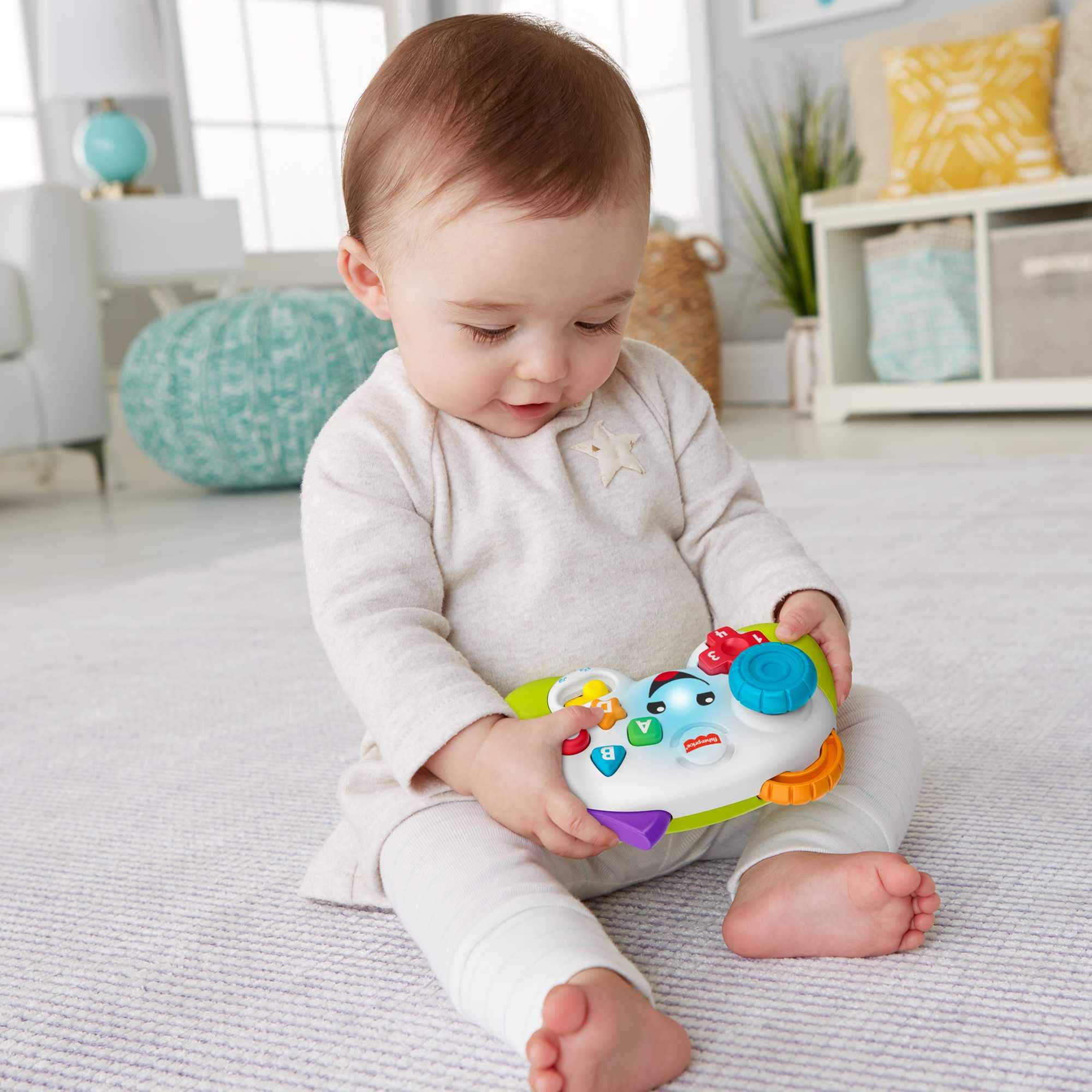 Fisher-Price Pretend Video Game Controller Baby Toy with Music Lights and Learning Songs & Laugh & Learn Stream & Learn Remote, Electronic Pretend TV Remote Toy with Lights and Educational Content