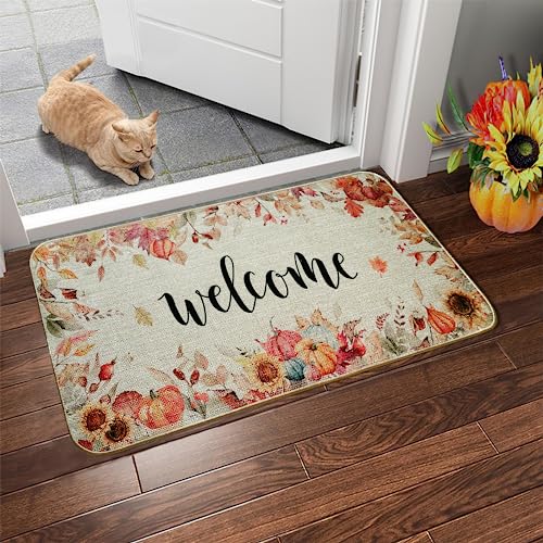 Voanos Fall Welcome Door Mat,Autumn Maple Leafs Pumpkins Theme Outdoor Entrance Doormat Non-Slip Rubber Matt for Indoor Fall Decor 17 x 30 Inch