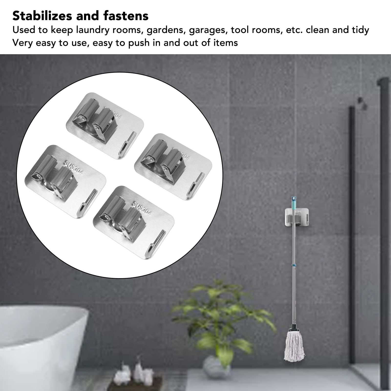 Fdit Mop Broom Holder, Stainless Steel Mop Holder Organizer, Self Adhesive Wall Mounted Mop Organizer Storage Rack Clip, Utility Hook Organizer Tool for Laundry Bathroom Kitchen Garage