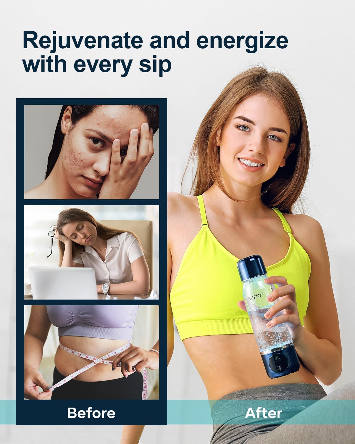 Hydrogen Water Bottle, BUZIO 3000ppb Hydrogen Water Bottle Generator Machine with Gen5 Technology Real Pure Hydrogen Concentration Alkaline Water bottle for Fitness, with Dupont Membrane, OLED Display