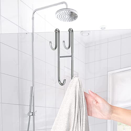 Over Shower Glass Door Hook, 2 Pack Silver 304 Stainless Steel Extended Shower Door Hooks, Bathroom Frameless Drilling-Free Hanger, Double Side Towel Hooks, for Bathing Suits, Robe, Loofah, Shaver