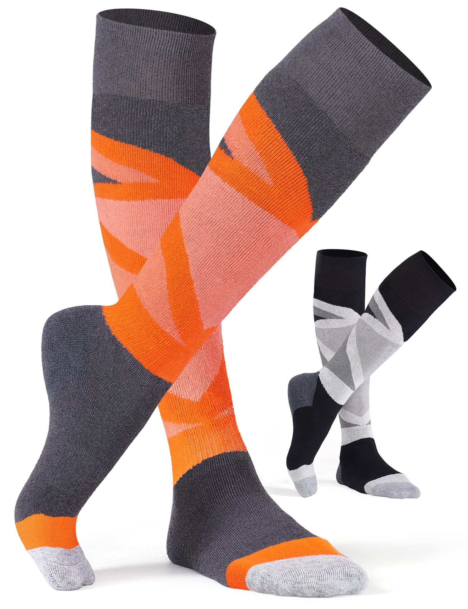 CS CELERSPORT 2 Pack Merino Wool Men's Ski Socks with Full Cushion, Winter Warm Thermal Socks for Skiing Snowboarding, Light Grey+Orange, Large