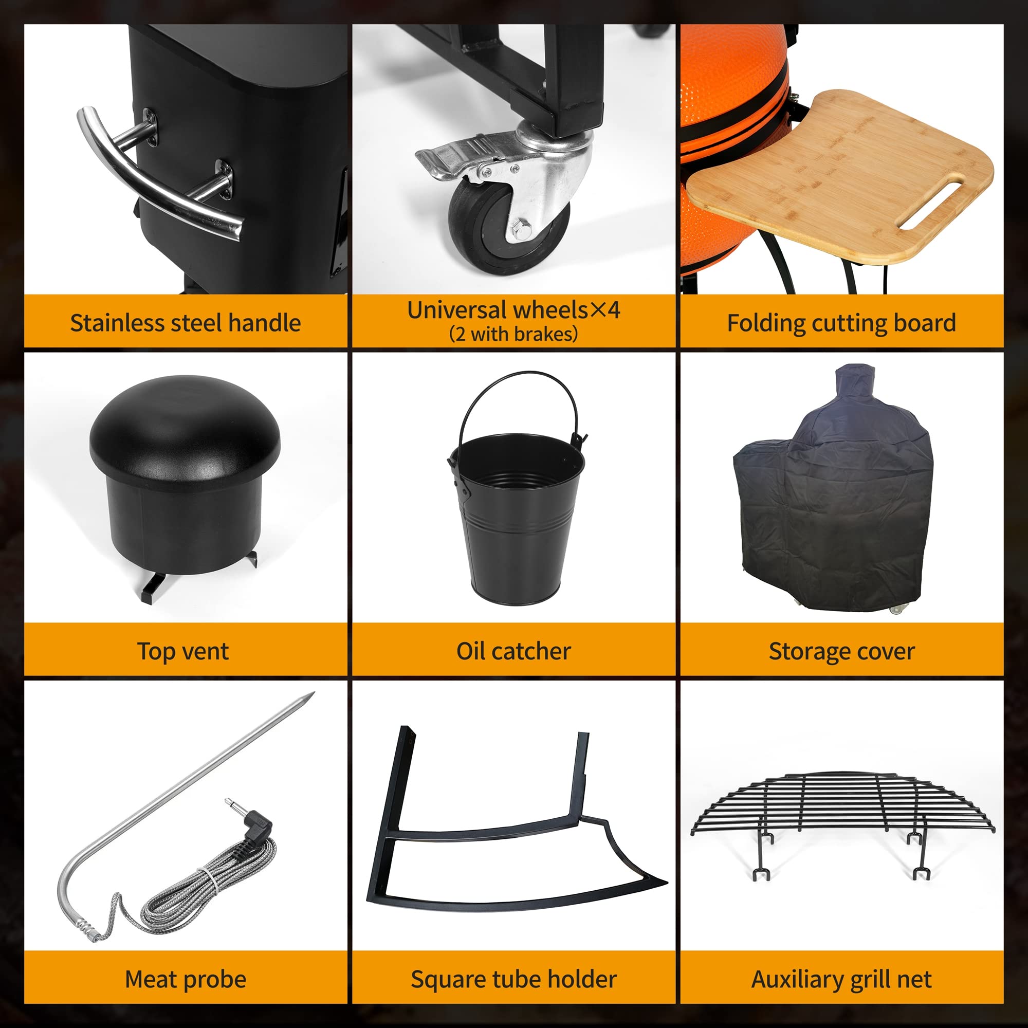 Charcoal Grills 24 "Ceramic Pellet Grill with 19.6" diameter Gridiron Double Ceramic Liner 4-in-1 Smoked Roasted BBQ Pan-roasted for Outdoors Patio (Orange)