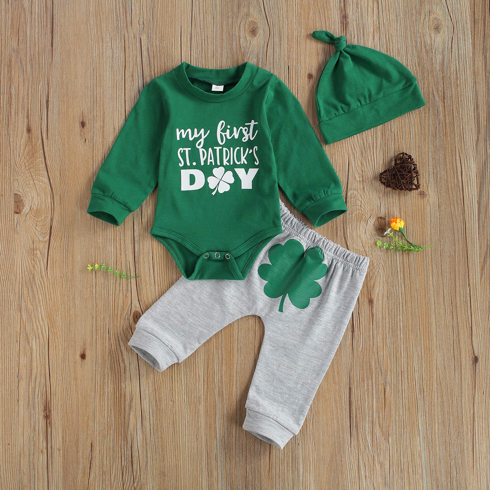 Newborn Baby Boys My First St. Patrick's Day Outfits Green Long Sleeve Romper Clover Print Trousers Hat 3Pcs Set (1#Green, 6-12 Months)