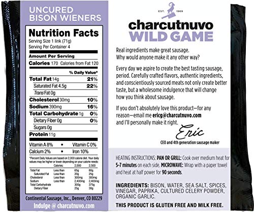 CharcutNuvo: Wild Game Bison Wieners - 10oz, 5 Pack - Fully Cooked and Smoked, Uncured Sausage Links - Paleo and Grass-Fed - No Antibiotics, Hormones, Gluten, Dairy or Sugar - No Nitrites or Nitrates