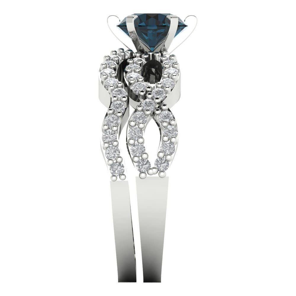 Clara Pucci 1.65ct Round Cut Laser Engraving Halo Natural London Blue Topaz Designer Statement Curved Ring Band Set 18K White Gold Size 4