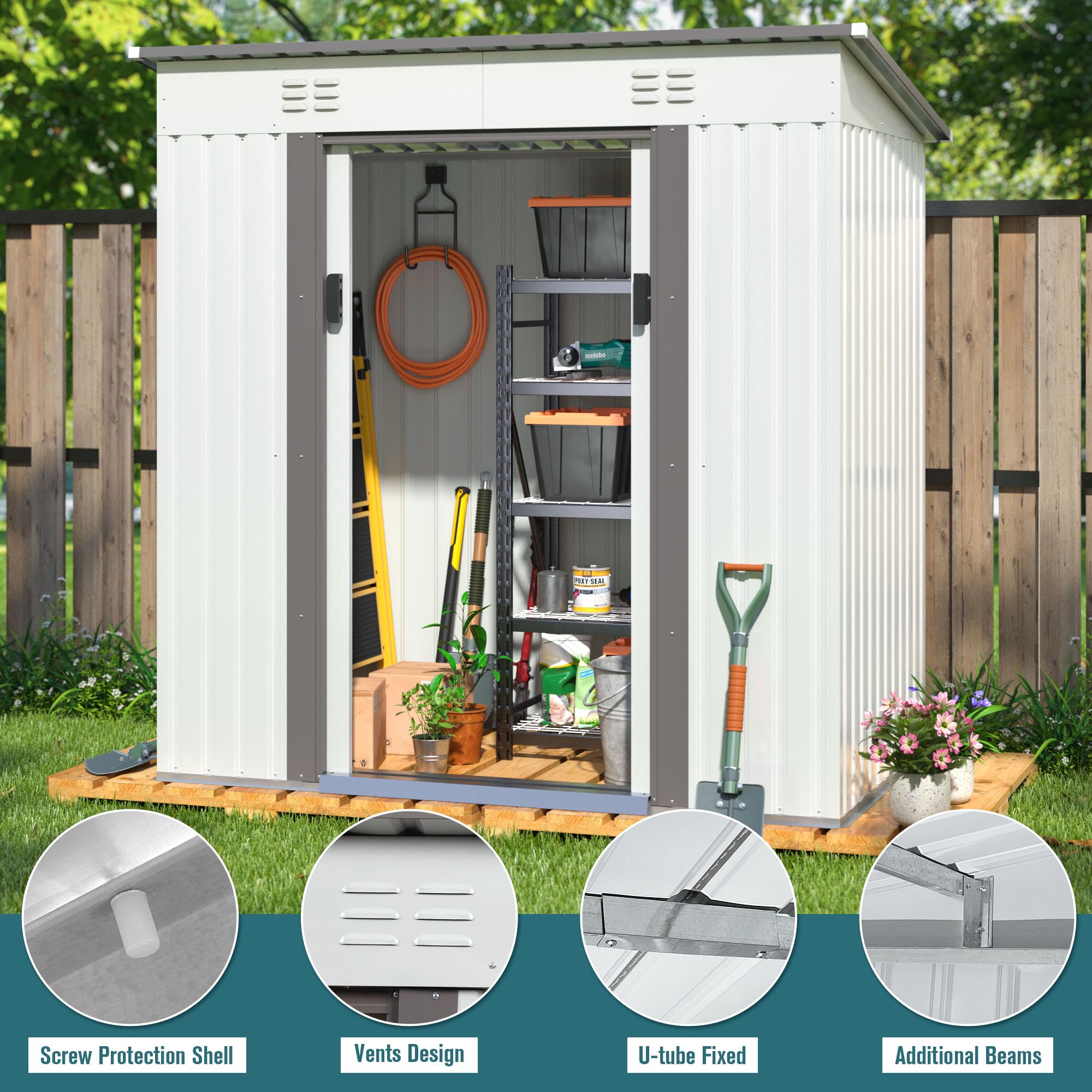 JAXPETY 4' x 6' Ft Outdoor Storage Shed, Metal Tool Shed with Vents, Lockable Door, Organizer House for Garden Backyard Patio Lawn, Weatherproof, White