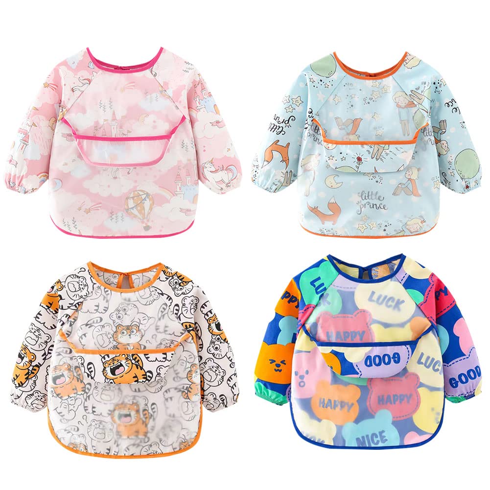 FORUSKY 4 Pack Baby Feeding Bibs Long Sleeve Bibs Toddler Waterproof Bibs Smock with Pockets Washable Kids Smock for Feeding