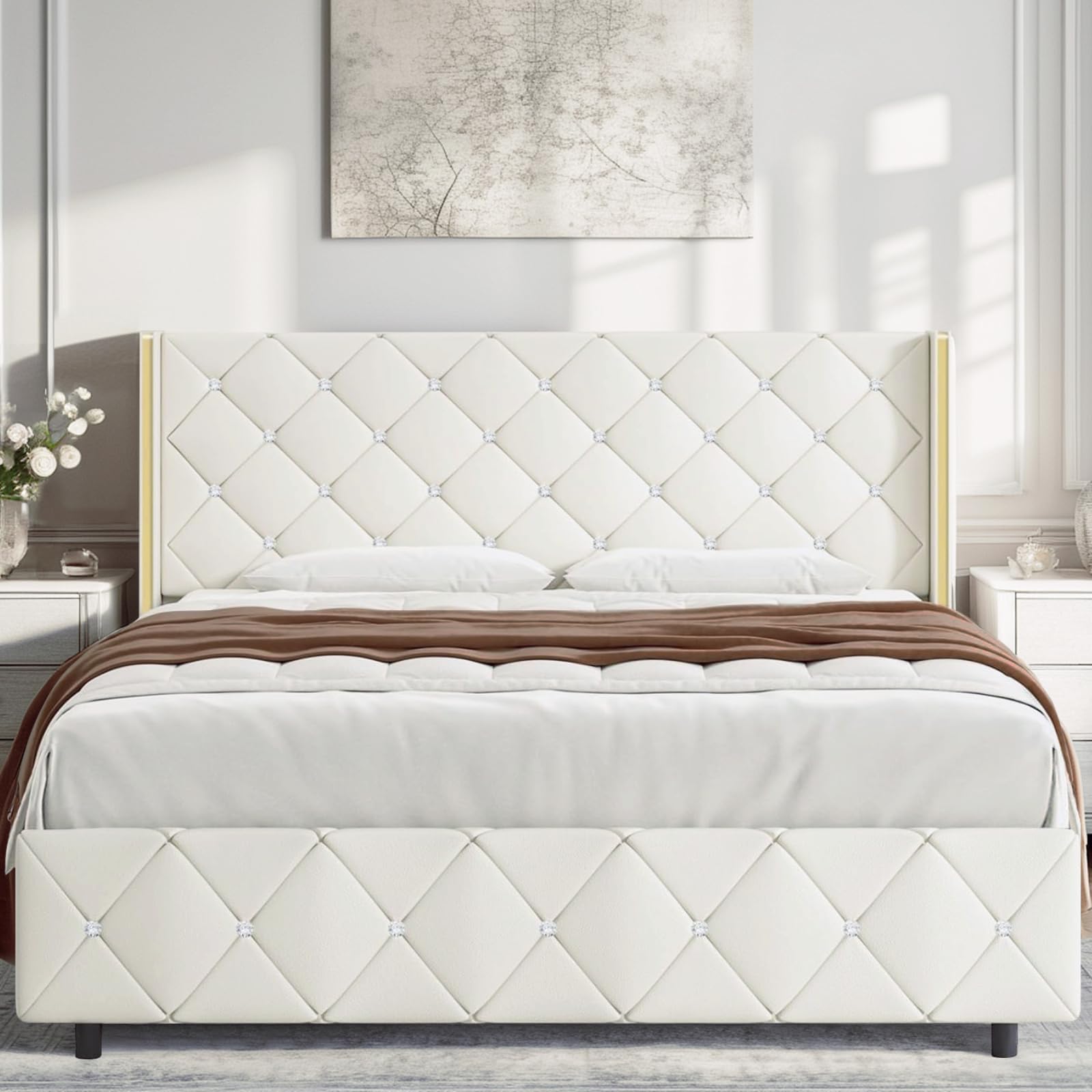 HOMBCK Queen Size Bed Frame with Diamond Headboard, White Upholstered Platform Queen Bed Frame Faux Leather with Gold Wingback, Strong Wood Slat Support, Easy Assembly, White