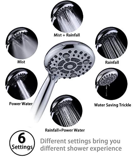 G-Promise Handheld Shower Head High Pressure 6 Spray Settings, Detachable Hand Held Showerhead 4.9" Face with Extra Long Flexible Hose and Metal Adjustable Bracket