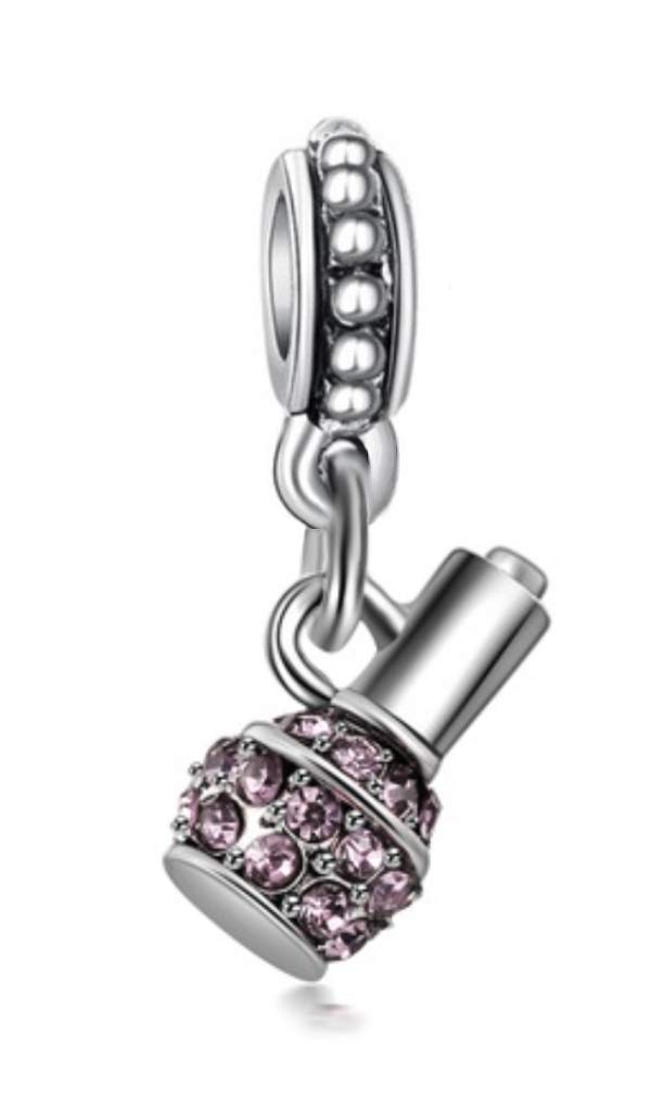 Dangle Nail Polish Bottle with Light Amethyst Crystals Charm Bead for Charms Bracelets