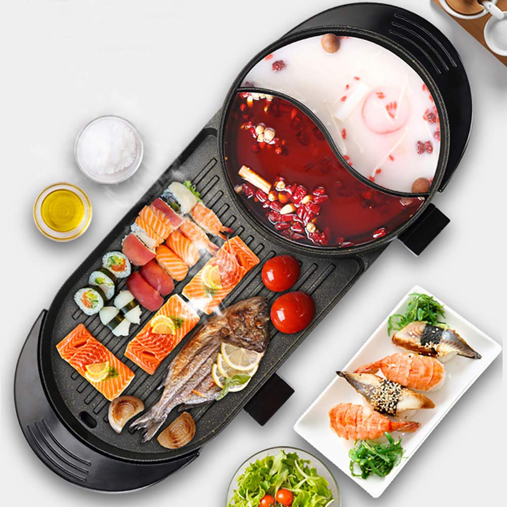 Electric Grill with Hot Pot, 2 in 1 Barbecue Stove Indoor Hot Pot Adjustable Non-Stick Teppanyaki Grill/ Shabu Pot with Divider Large Capacity for Household Dinner and Entertainment Party