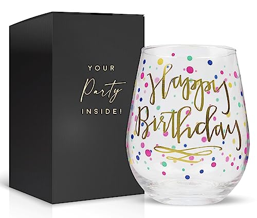 Your Dream Party Shop Happy Birthday 22oz Stemless Wine Glass, Happy Birthday Wine Glass with Gold Print, Perfect Birthday Glass, Happy Birthday Wine Glasses For Women, Birthday Cup