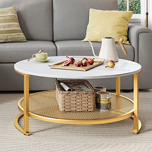 LINSY HOME Round Coffee Table for Living Room, Modern Coffee Table with Open Storage,Wood Surface Top & Sturdy Metal Legs Large Circle Coffee Table for Stylish Design Home,White and Gold