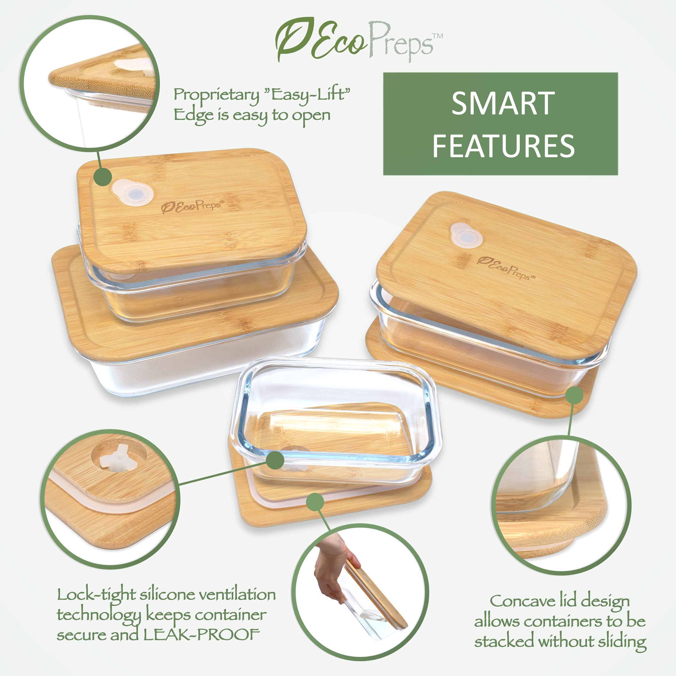 EcoPreps Glass Food Storage Containers with Bamboo Lids [4 Pack] 100% Plastic Free, Eco-Friendly, Oven, Microwave Safe Glass Meal Prep Containers, Glass Lunch Containers, Bamboo Lid Storage Containers