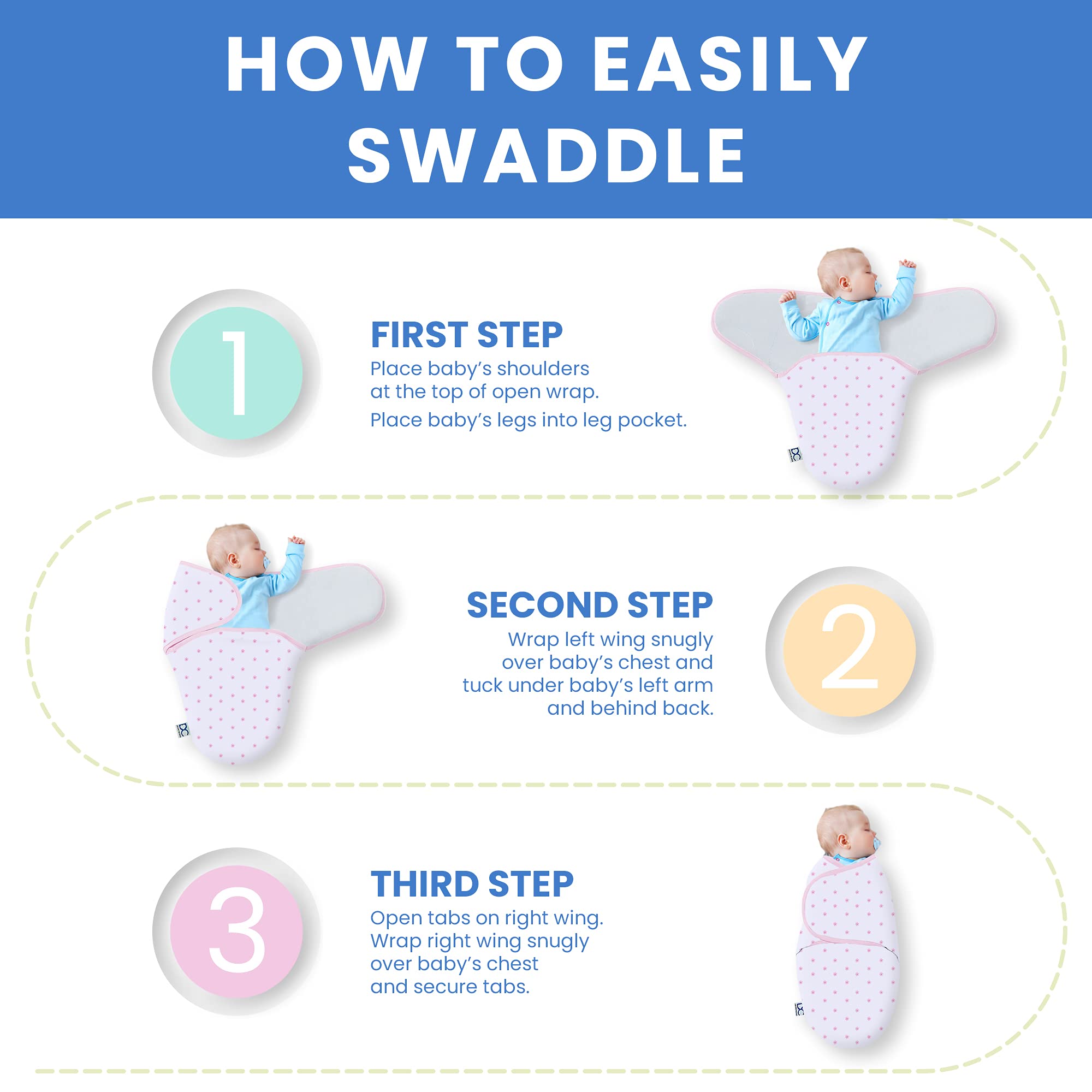 Delta Children Little Lambs Adjustable Swaddle Wrap - Premium Cotton - Size Extra Small, Fits Babies 0-3 Months/4-7 lbs., 4-Pack, Pink