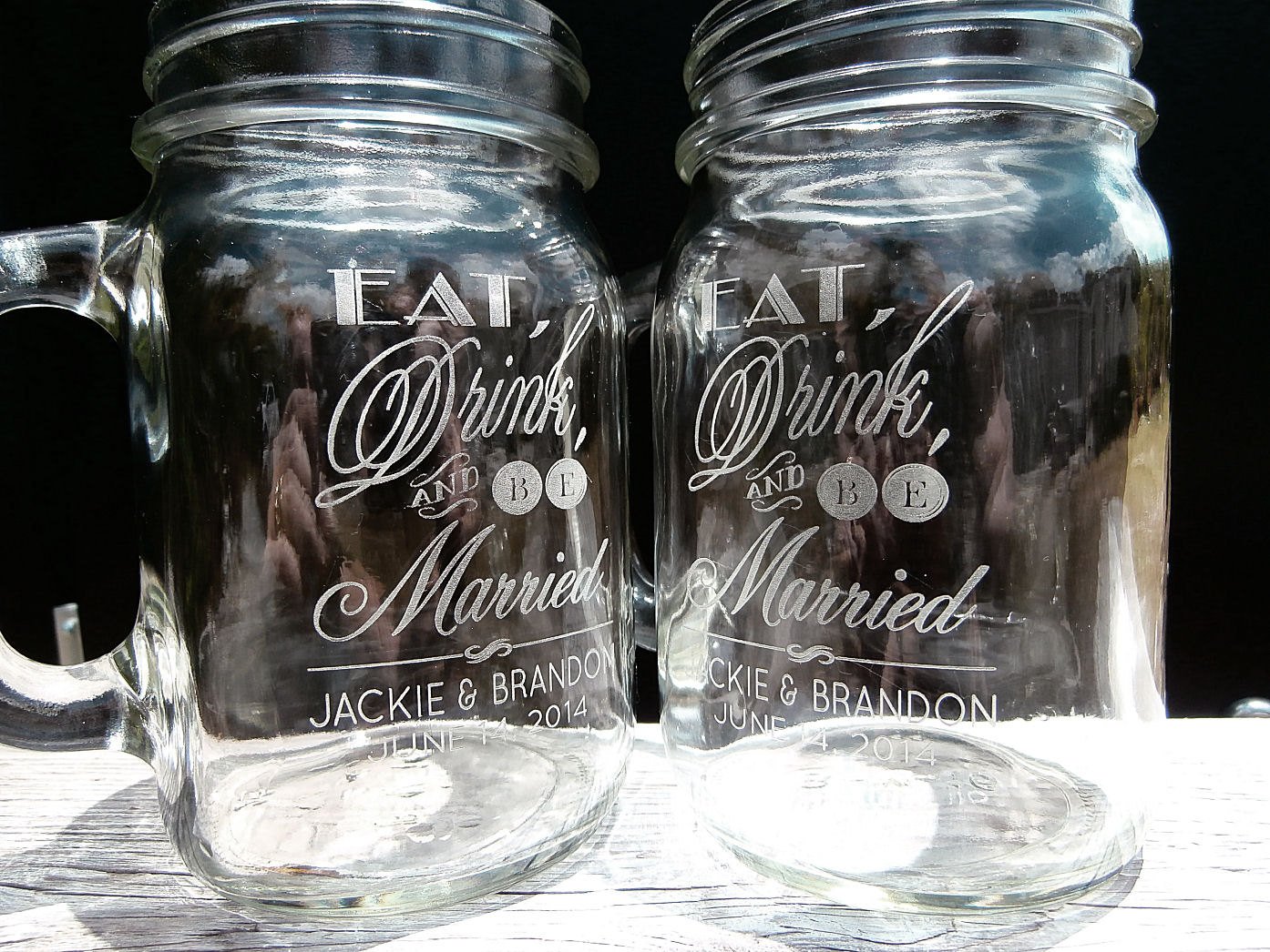 Eat Drink and Be Married Set of 2 Personalized Mason Jars Drinking Mugs with Handle Mr and Mrs Name Date Wedding, Engagement Party Gift Favor Newlyweds His and Hers Couple Gift Idea Barn Theme (16 Oz)