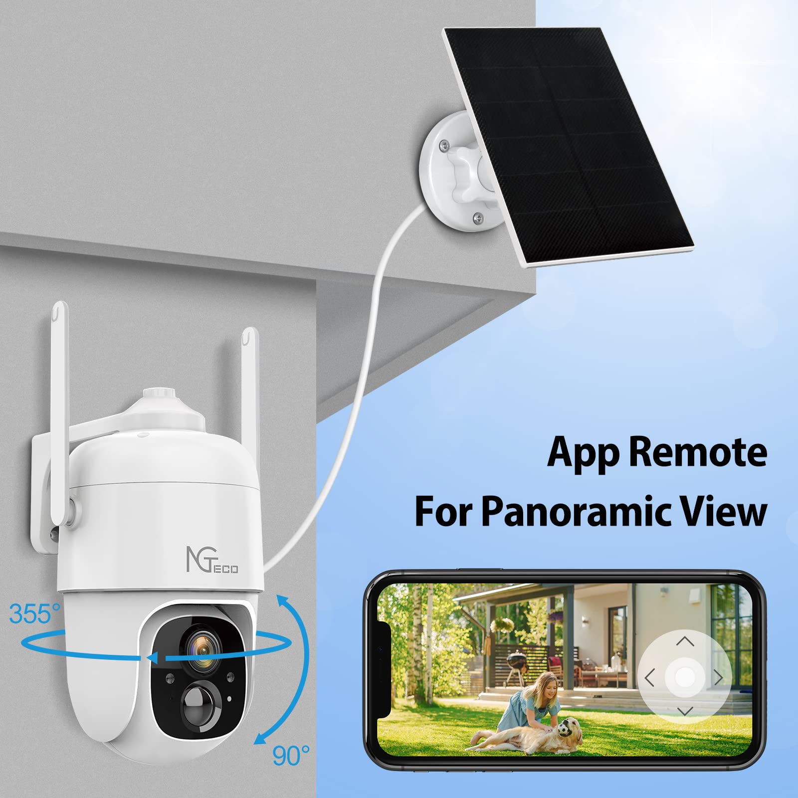 NGTeco Solar Security Cameras Wireless Outdoor with Solar Panel, Rechargeable Battery Powered IP65 Waterproof 1080P 2.4G WiFi Cameras for Home Security, 30 Days Free Cloud Storage