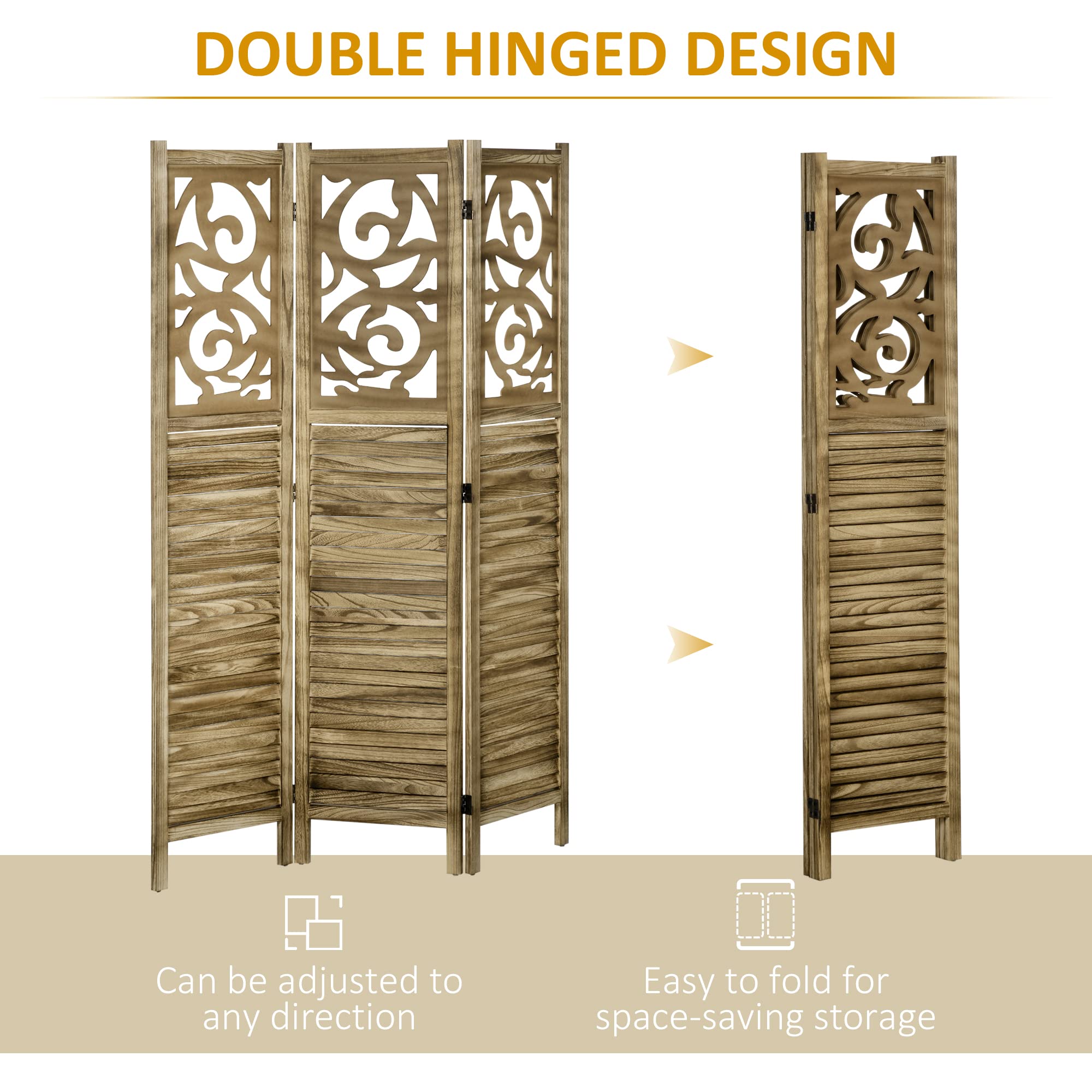 HOMCOM 3 Panel Room Divider, 5.5' Tall Wood Indoor Portable Folding Privacy Screens, Double Hinged Partition Wall Dividers for Home Office, Brown