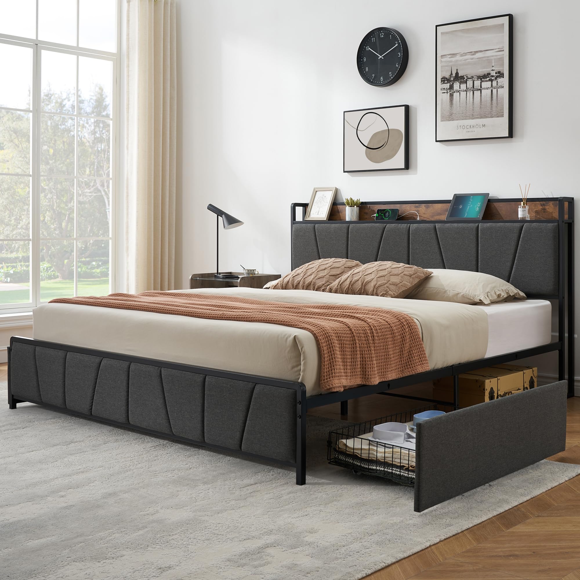 GAOMON King Size Bed Frame with Storage Headboard and 2 Drawers, Linen Upholstered Platform Bed Frame with Charging Station, Heavy Duty, No Box Spring Needed, Easy Assembly, Noise Free, Grey&Brown