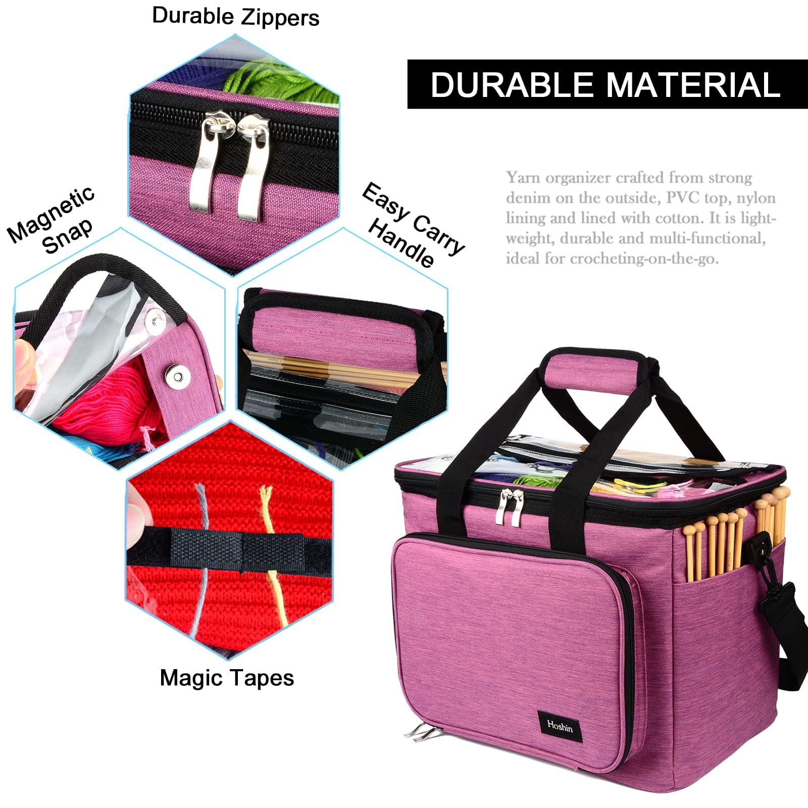 Hoshin Knitting Bag for Yarn Storage, High Capacity Yarn Totes Organizer with Inner Divider Portable for Carrying Project, Knitting Needles(up to 14”), Crochet Hooks, Skeins of Yarn (Purple)
