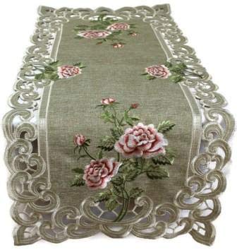 Doily Boutique Table Runner with a Pink Roses and Sage Green Burlap Linen Material, Size 53 x 15 inches