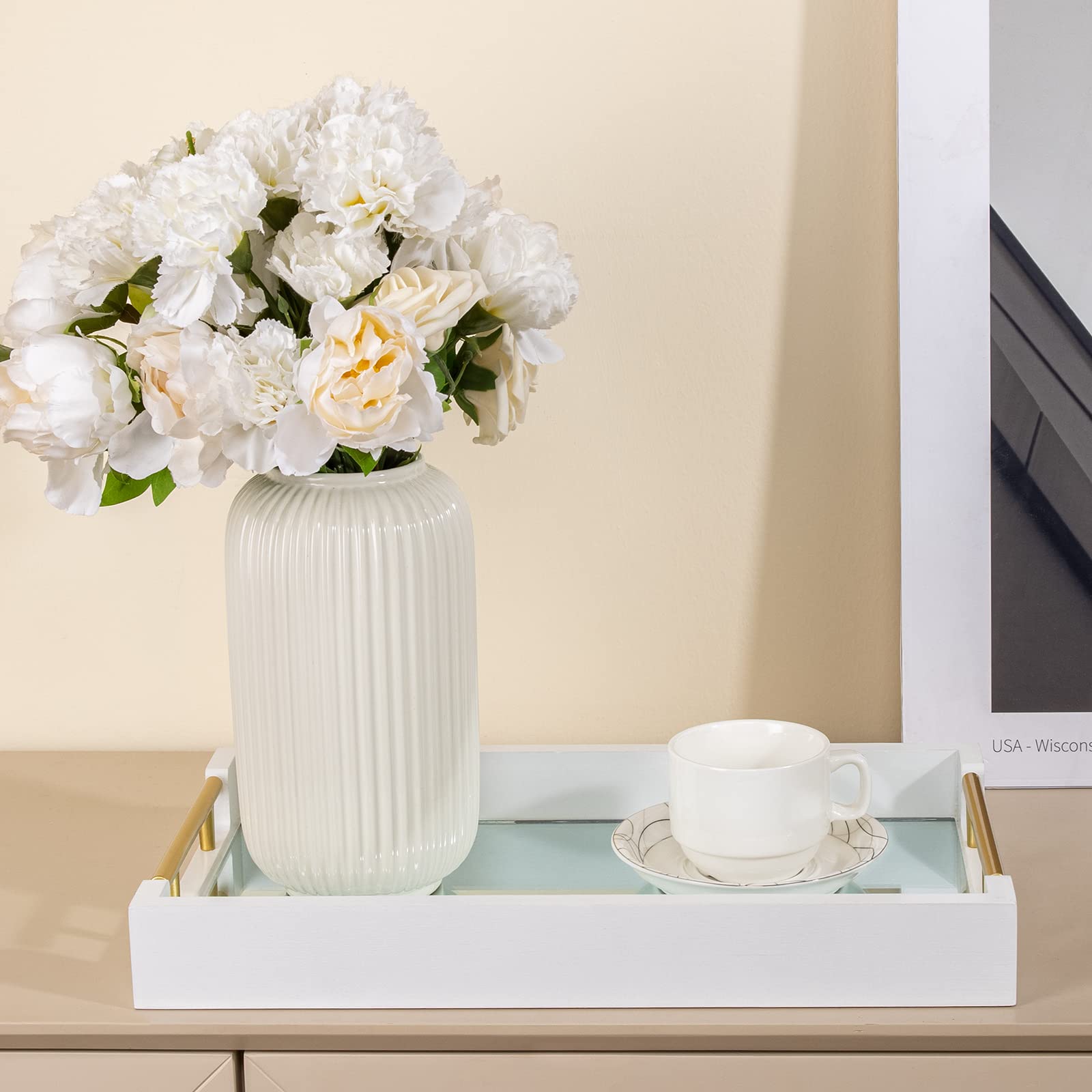 Elegant White Serving Tray with Gold Handles,Mirror Tray for All Occasion's-Serving Trays forParty, Kitchen, Entertaining,Living Room,Ottoman,Bathroom,Outdoors