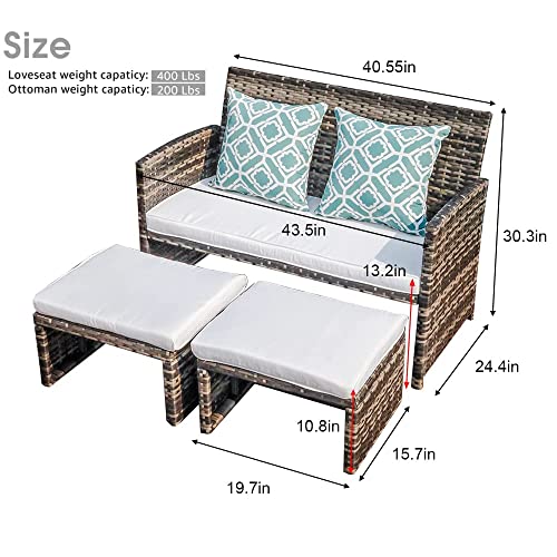 OC Orange-Casual Outdoor Loveseat Patio Furniture Rattan Conversation Set with Ottoman, White Cushions, Grey Wicker, Pillows Included