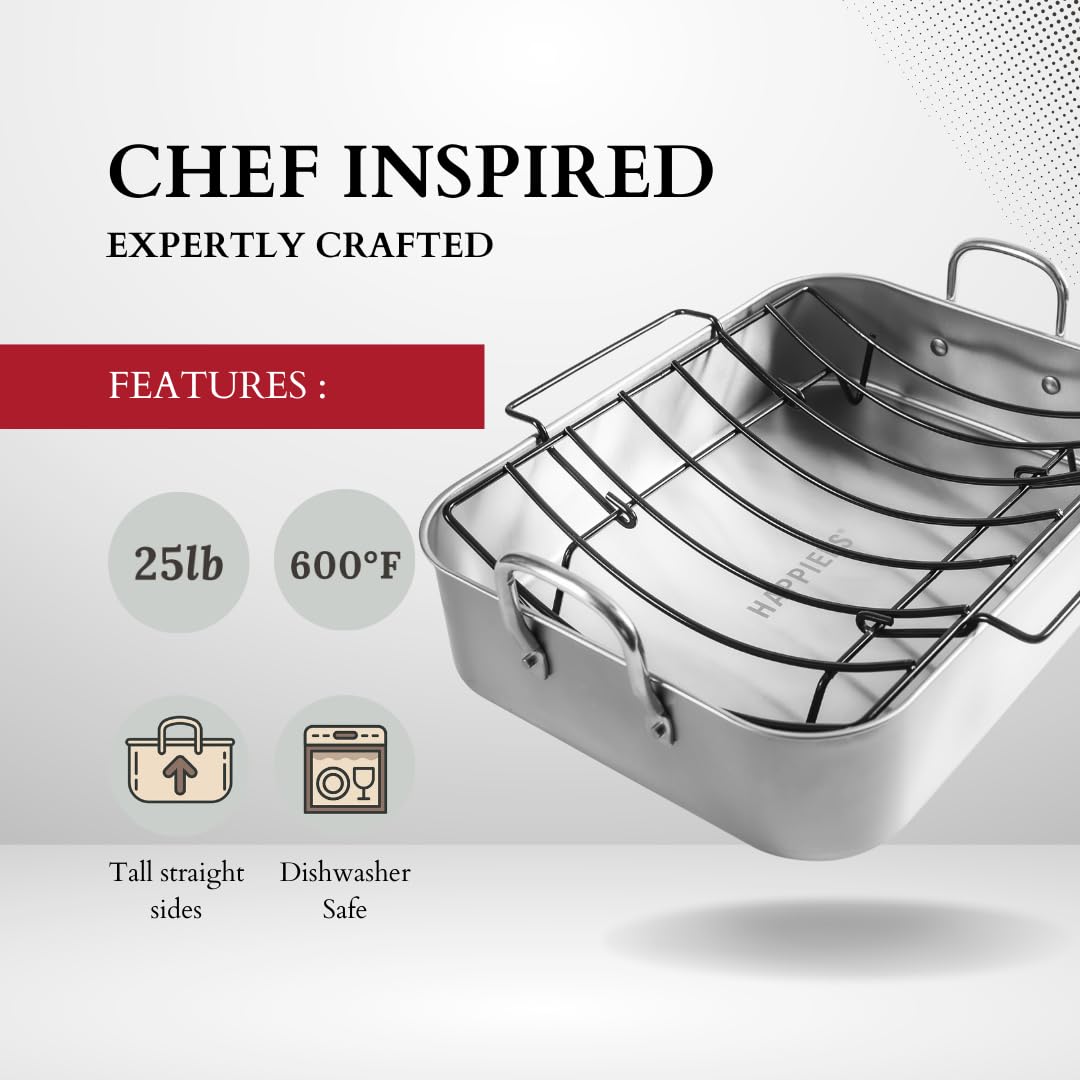 HAPPIELS 17x12.5 inch Roasting Pan with Nonstick Rack, Stainless Steel Turkey Roasting Pan 20-25 lb
