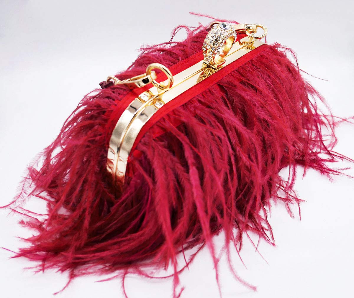 QEBURI Women Fluffy Ostrich Feather Evening Dress Clutch Bag Purse Shoulder Bag (Wine)
