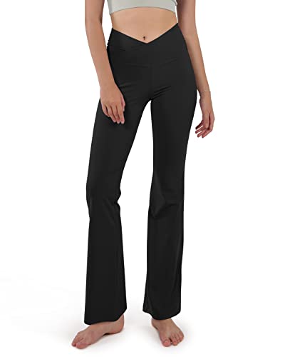 ODODOS Women's Cross Waist Flare Yoga Pants with Inner Pocket, High Rise Bootcut Tummy Control Bootleg Gym Workout Pants -Inseam 31", Black, Small