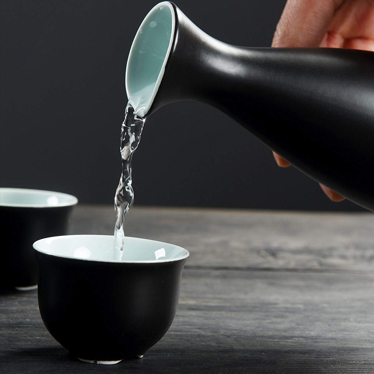 Dltsli Ceramic Sake Set + Bamboo Tray Warmer Pot, Porcelain Stovetop Hot Saki Drink Bottle, 10pcs Set 1 Stove 1 Warming Bowl 1 Sake Bottle 1 Tray 6 Cup Keep Sake Storage Gift Box (Black)