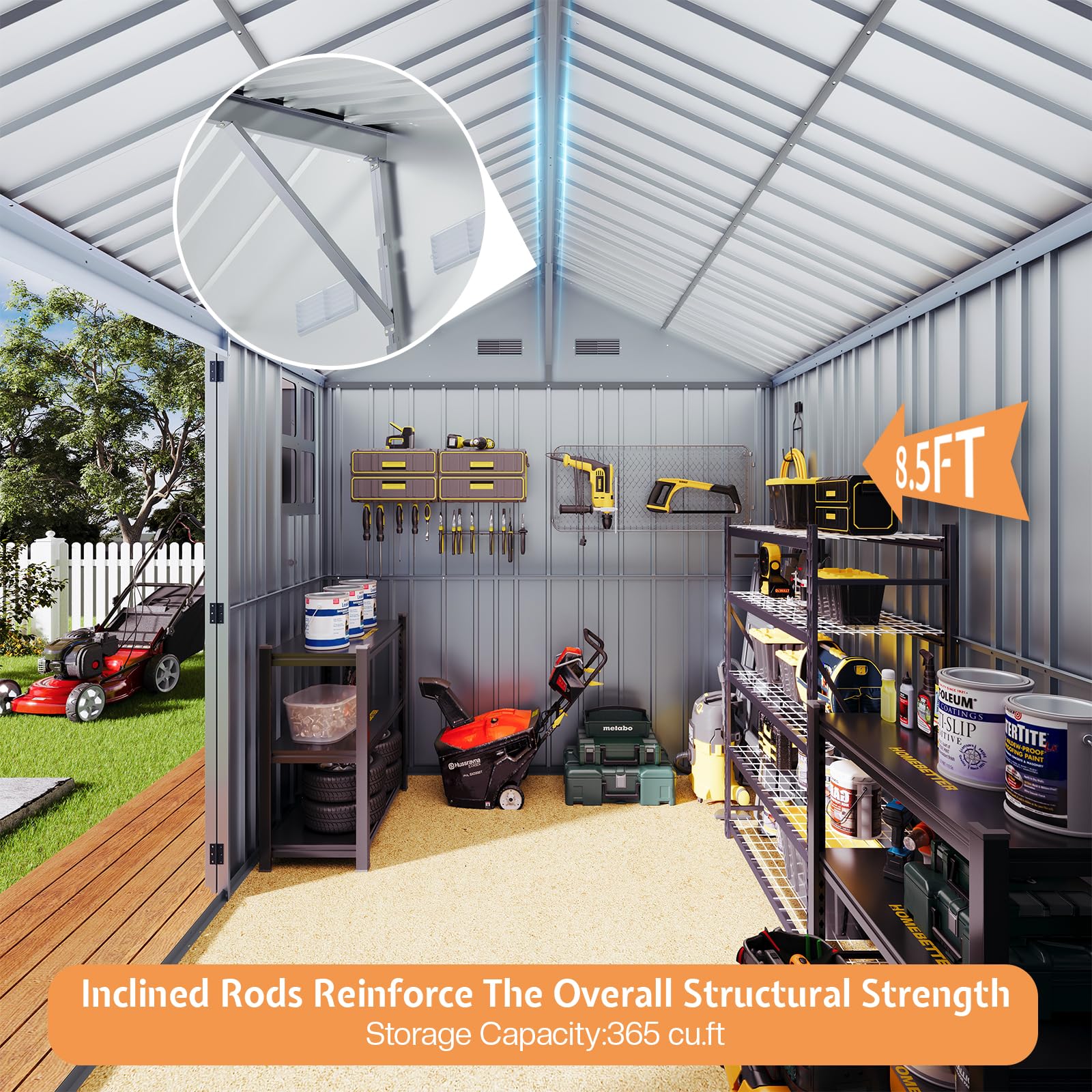 Jocisland 8.5x7.1x7.5 FT Galvanized Steel Outdoor Storage Shed, Lockable Double Hinged Doors and 4 Vents, Metal Shed for Backyard Storage, Dark Black/White