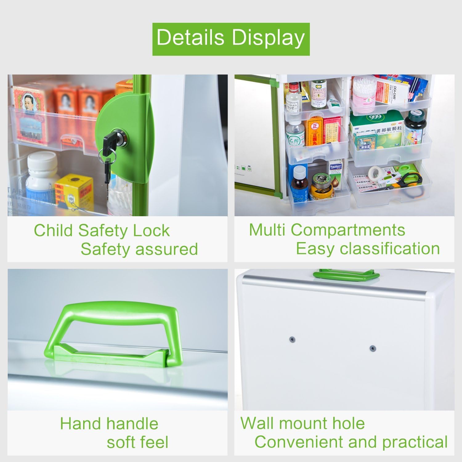 Glosen Medicine Cabinet Locking Medicine Cabinet Wall Mounted 15.62 x 6.5 x 15.43 Inch Portable Storage Container Big Capacity Green