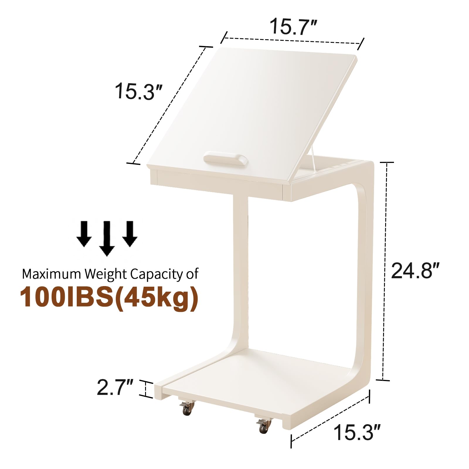 KASLANDI C Shaped End Table for Couch, C Table with Wheels, Wooden Couch Table Adjustable Desktop for Living Room,Bedroom(White)