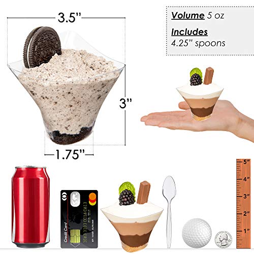 DLux 50 x 5 oz Mini Dessert Cups with Spoons, Large Swirl - Clear Plastic Parfait Appetizer Cup - Small Reusable Serving Bowl for Tasting Party Desserts Appetizers - With Recipe Ebook
