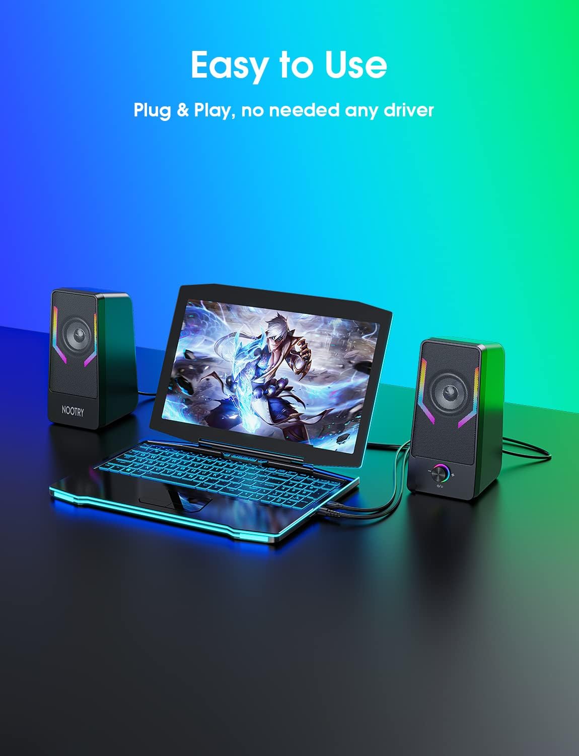 NOOTRY Computer Speakers, Gaming Desktop Speakers with 7Color Backlit, 10W USB Powered Volume Control Speakers, 2.0CH Stereo Laptop Speaker, Bluetooth&USB Audio for PC, Monitor, Mac, Tablet, Phone