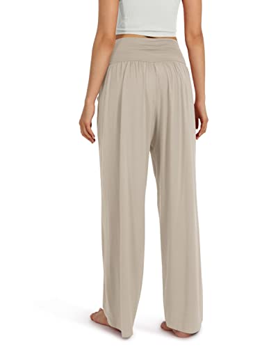 ODODOS Women's Wide Leg Palazzo Lounge Pants with Pockets Light Weight Loose Comfy Casual Pajama Pants-28 inseam, Light Beige, X-Large