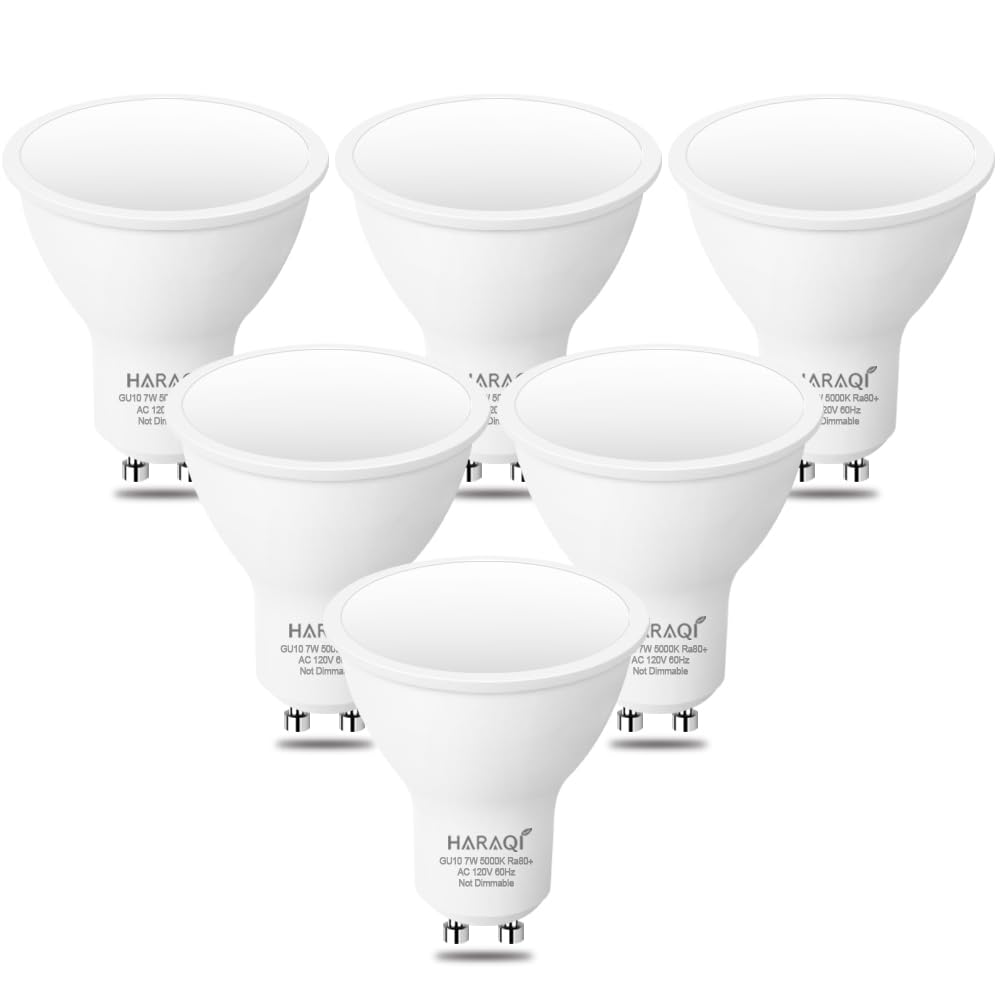 haraqi 6 Pack GU10 120V 7W LED Bulb, 700LM 5000K Daylight White Natural Light 70W Equivalent Reflector Flood Replacement Light Bulbs for Kitchen Hood, Ceiling Fan, Table Lamps