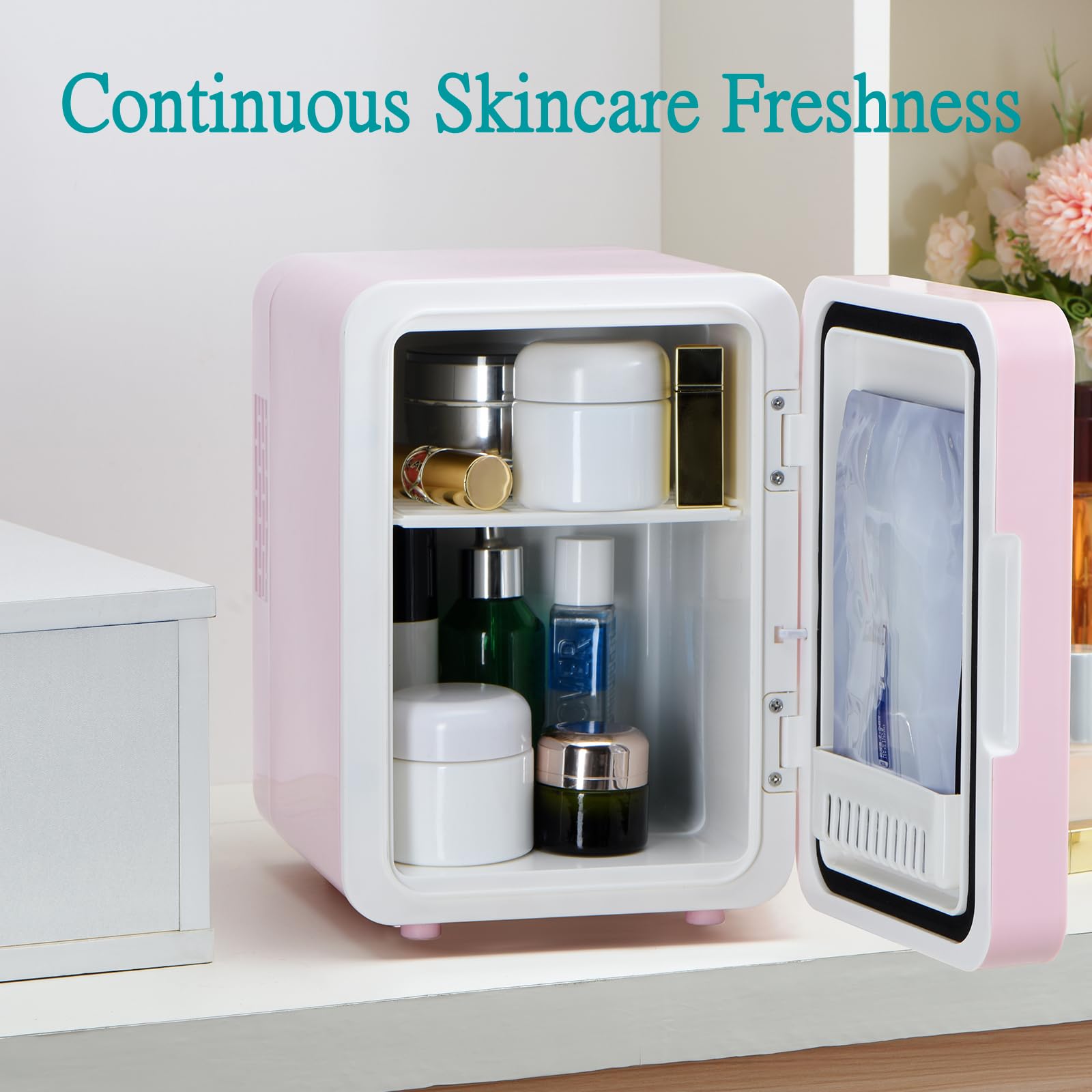 Iceblue Skincare Fridge with Dimmable LED Light Mirror, 4L Compact Makeup Fridge for Bedroom, Car, Office & Dorm, 4A Cooling Core, Pink Mini Fridge for Beauty Essentials & Beverages(Pink)