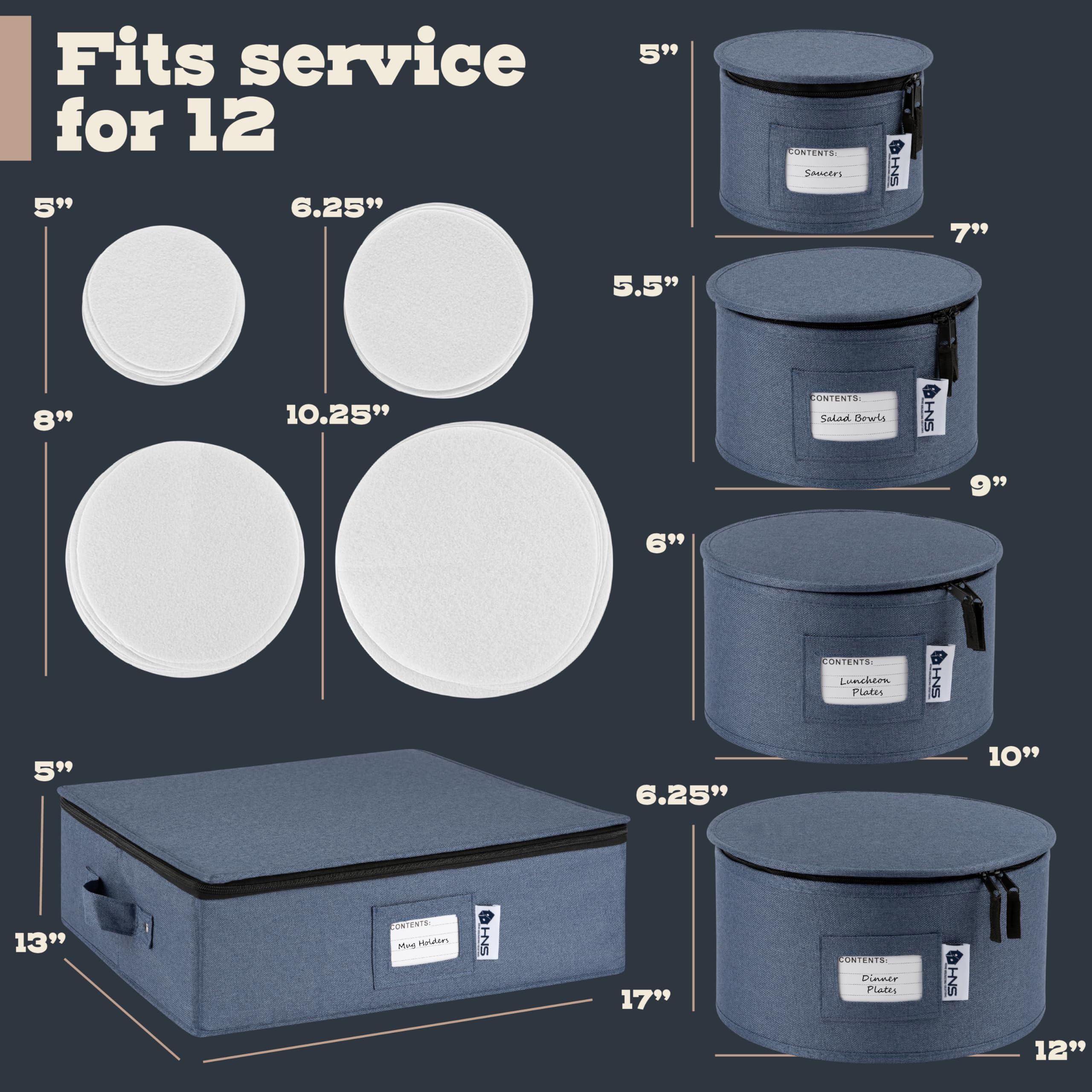 Hard Shell China Storage Containers 5-Piece Set Moving Boxes for Dinnerware, Glasses, Plates, Mugs and Saucers Sturdy Dish Organizer with Dividers for Seasonal Storage - Service for 12 - Denim Blue