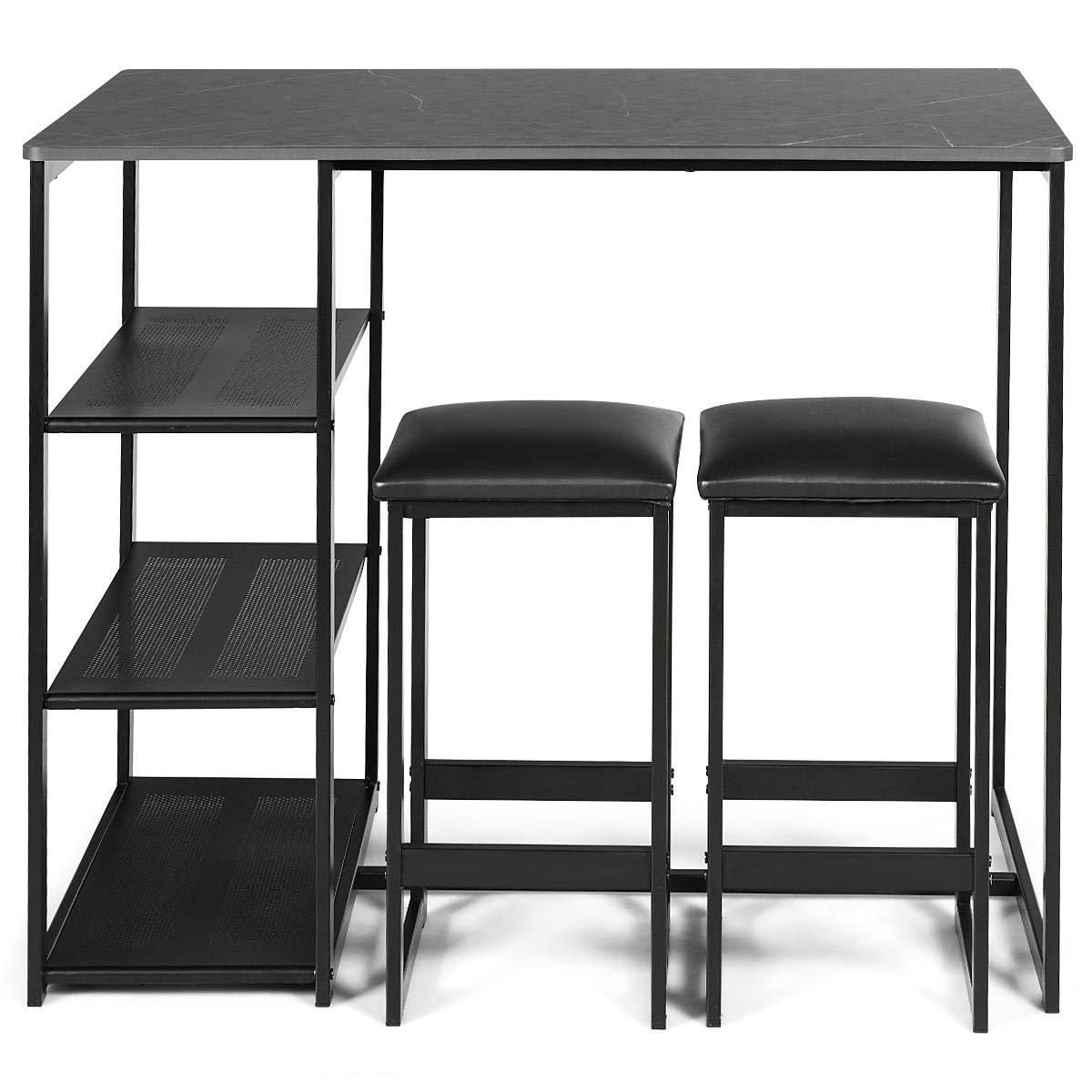 COSTWAY 3-Piece Dining Set, Compact 2 Chairs and Table Set, Kitchen Set with Rectangular Faux Marble, 3 Metal Storage Shelves, Fashionable Simple Style, Kitchen Counter Height Table Set (Gold)