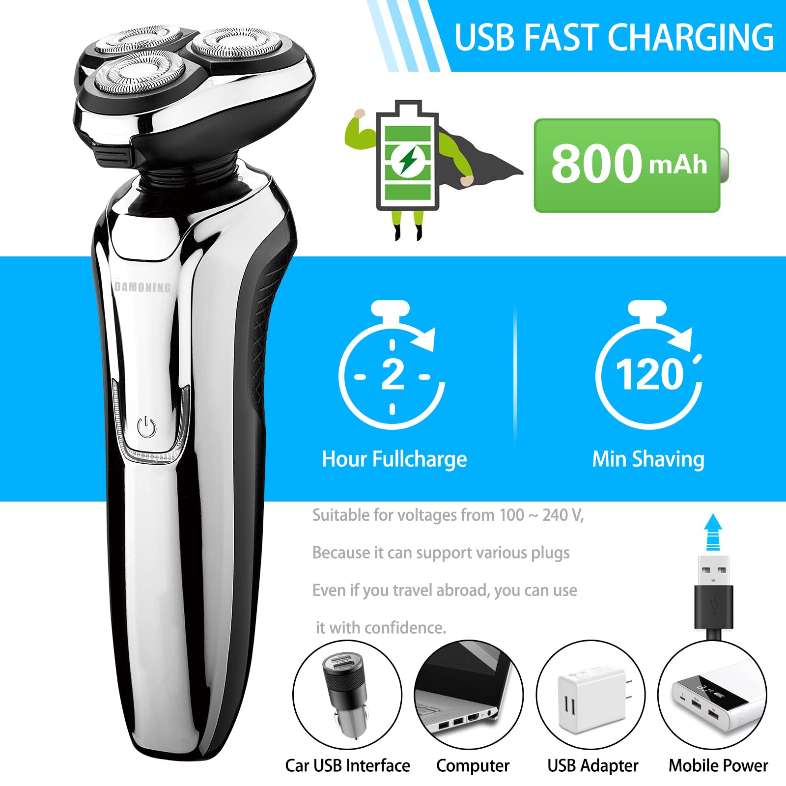 Electric Shaver for Men, Electric Razor Rotary Shavers Kit Wet & Dry LED Time Display IPX7 Waterproof Beard Trimmers with Travel Pouch