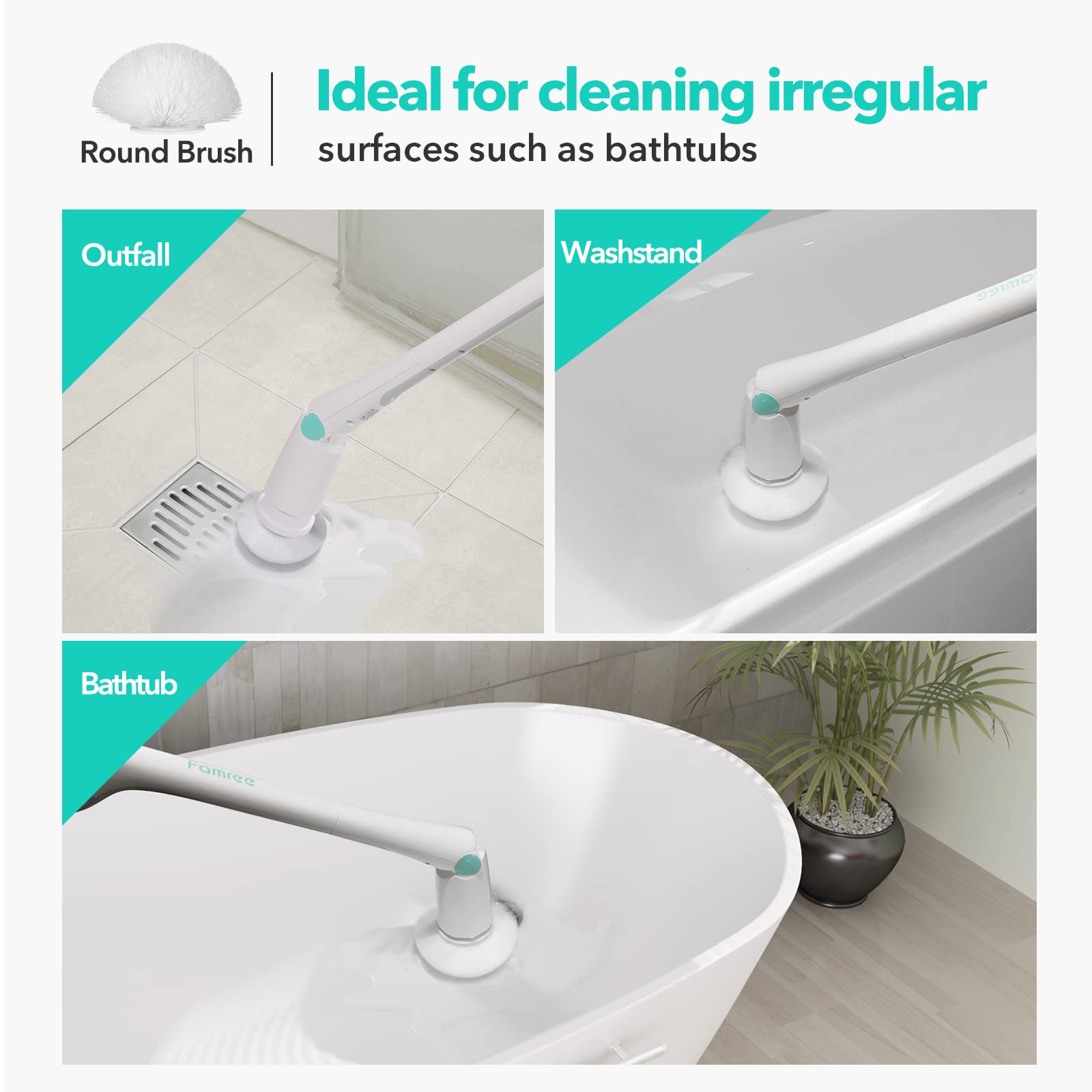 Famree Replaceable Brush Heads for Electric Spin Scrubber (Applicable to M5 Model), Brush Head 3 Pack Plus Storage Hook, Cordless Cleaning Brush Head for Bathroom Floor Tub, Tile, Floor